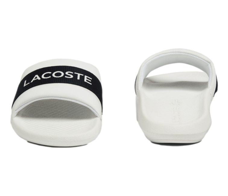 Official Women's Lacoste Croco Slides in White/Navy at ShoeGrab